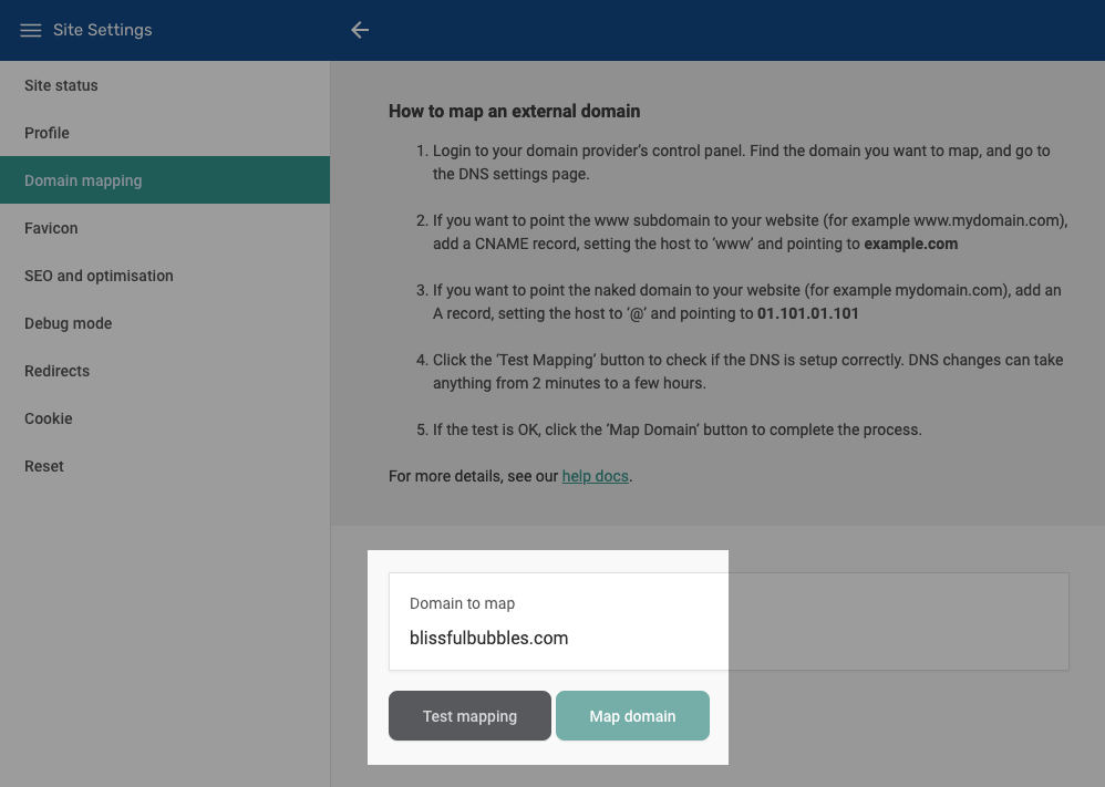 Mapping a domain name to your site – Home